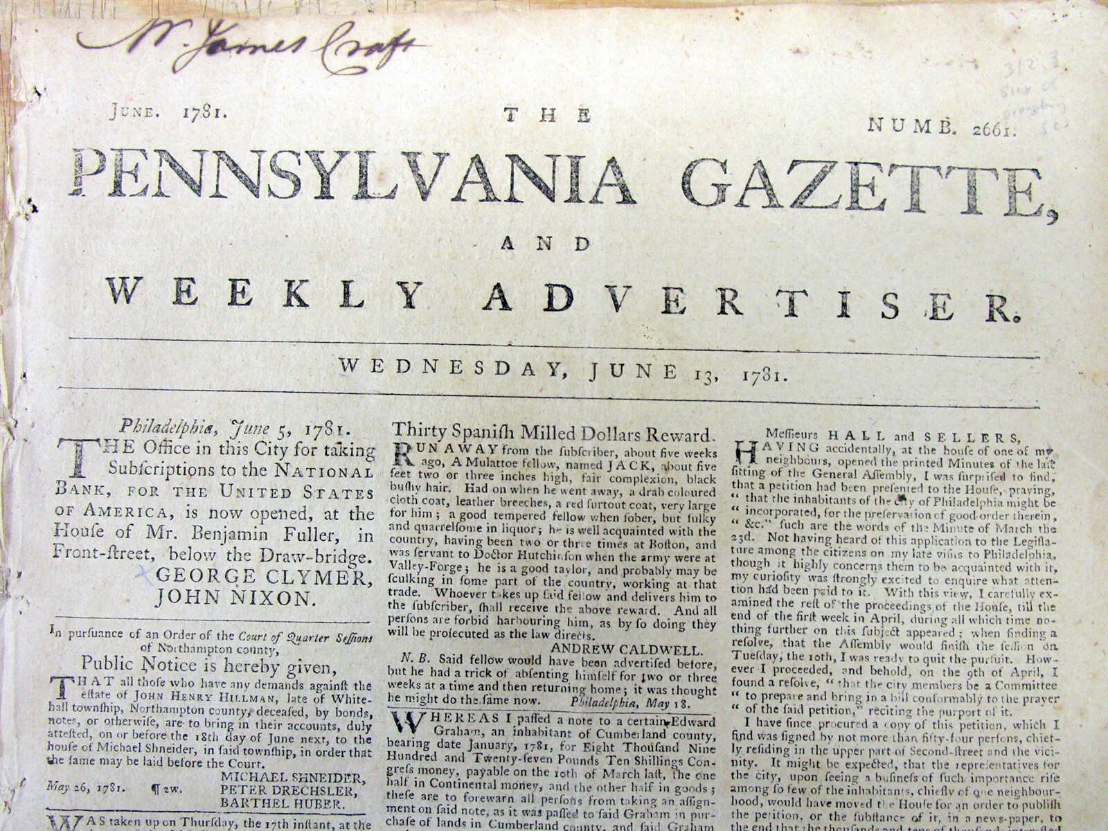 1781 Revolutionary War newspaper with AMERICAN CAPTURE FT GRANBY South ...