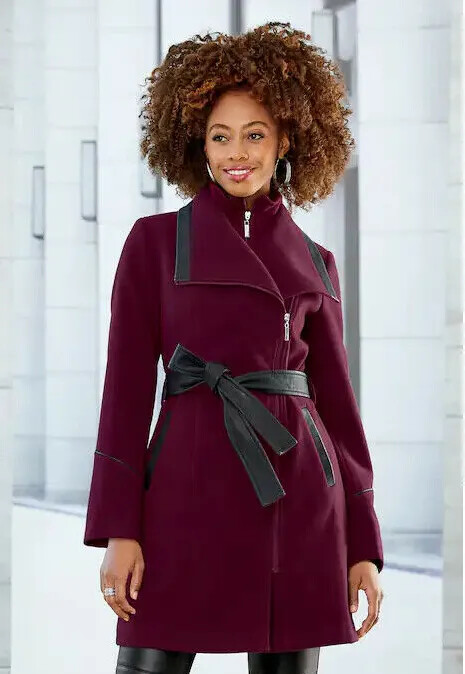 Size L Ashro DETAILS Burgundy Black Faux Leather Trim Winter Coat ...