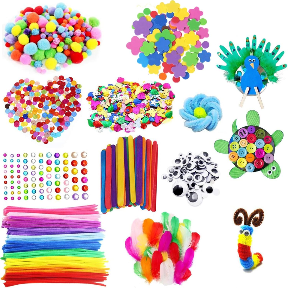 Arts and Crafts Supplies Including Feathers, Pipe Cleaners, Wiggle ...