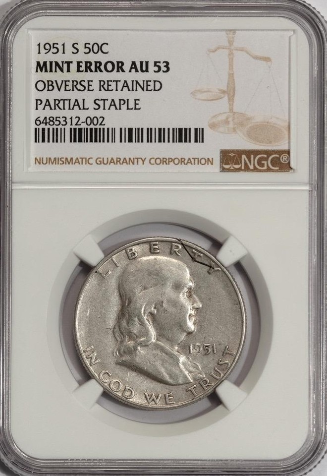 1951 S NGC AU53 Struck In Retained Staple Franklin Silver Half Dollar ...