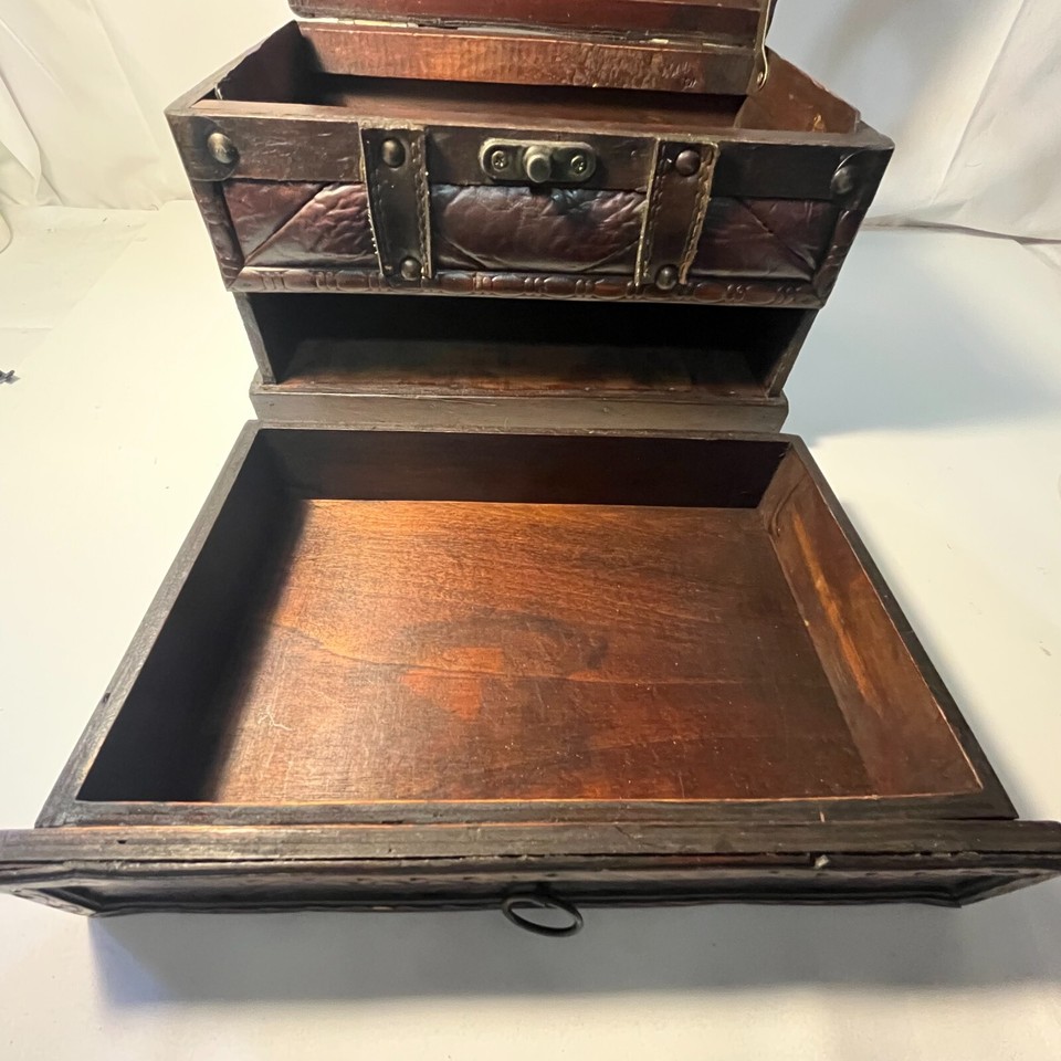 Quilted Faux Leather Round Top Chest Jewelry Box Brown Masculine Drawer ...