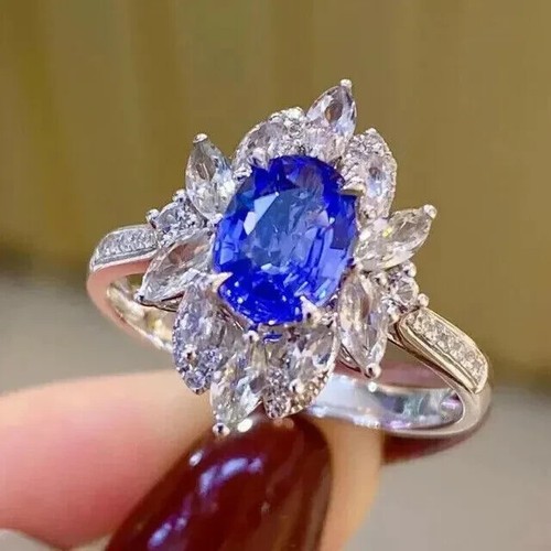 3Ct Oval Cut Lab Created Blue Tanzanite Halo Women's Ring 14K White ...