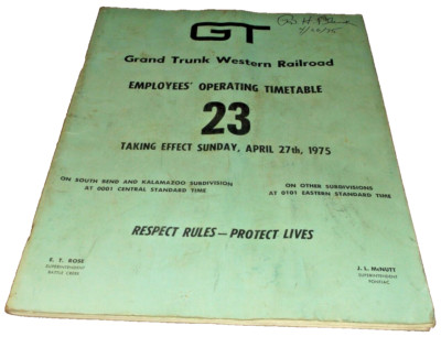 APRIL 1975 GRAND TRUNK WESTERN RAILROAD EMPLOYEE TIMETABLE #23 | eBay