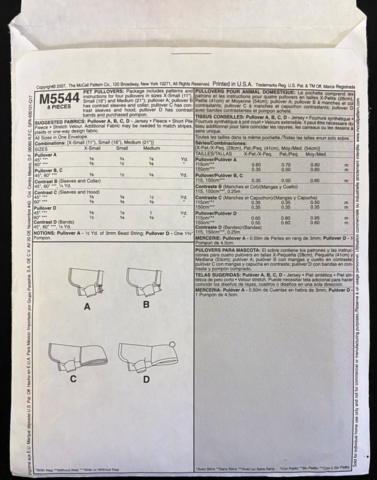 Uncut Pet Pullover Dog Coat XS S M McCalls 5544 Pattern Hoodie 4 Styles ...