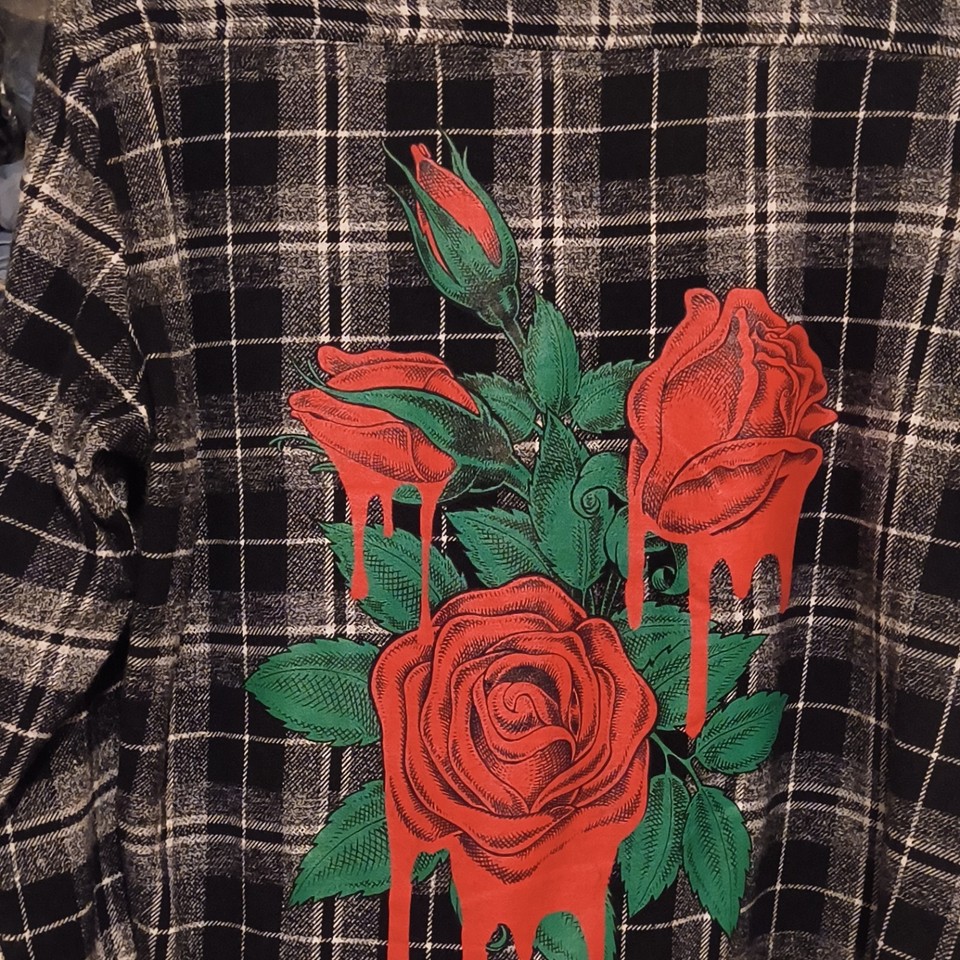 Eighty Eight Men's Plaid Flannel Shirt Black Red Rose Print Size L ...