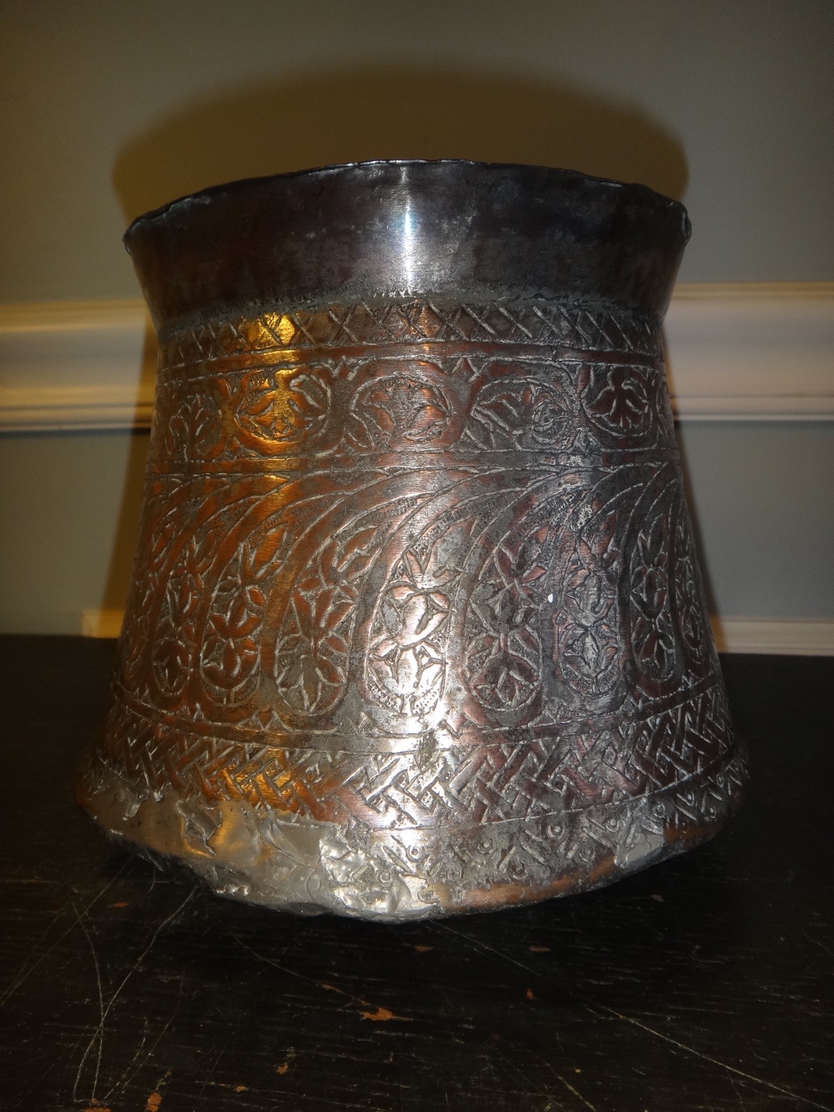 Antique Silvered Persian Copper Vessel Beautifully Etched Turkish Syria ...