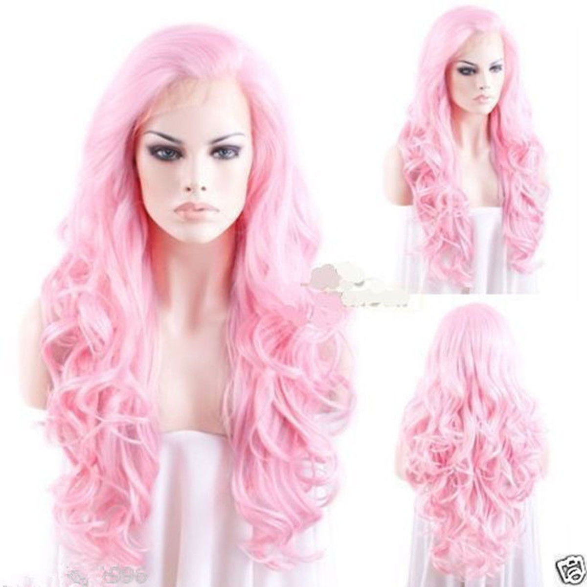 Womens Wavy Curly Long Perwig Synthetic Full Pink Hair Wigs Heat ...