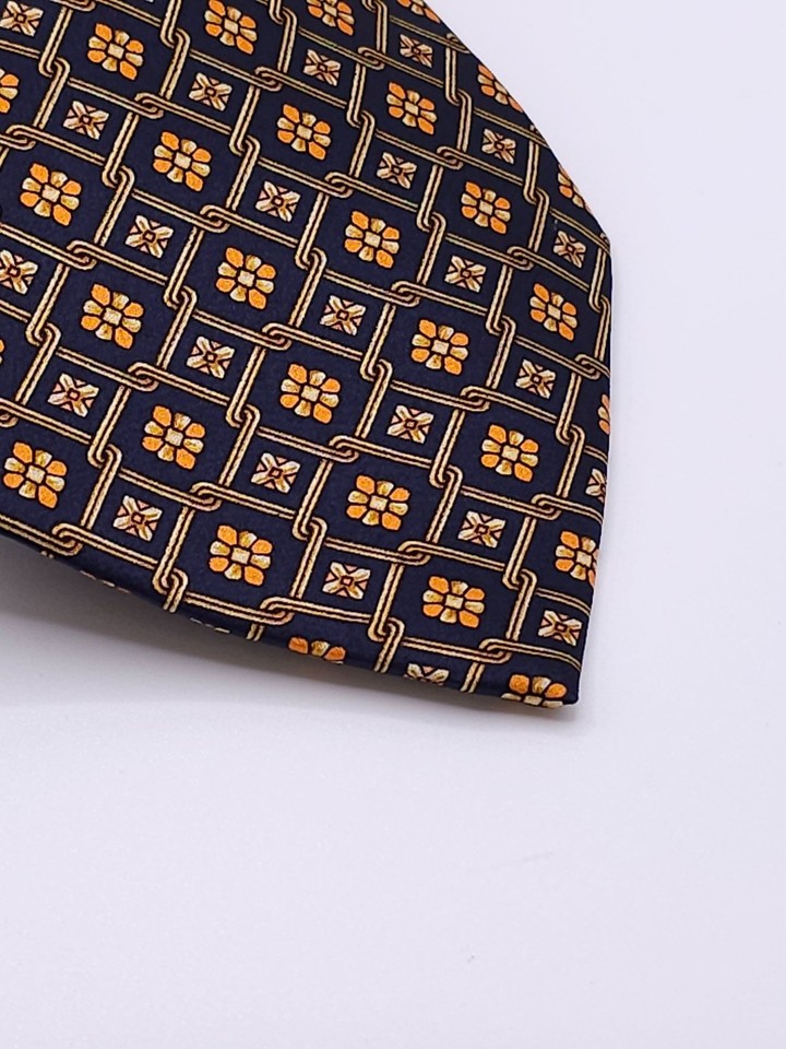 Paco Rabanne Mens Silk Tie Geometric Floral Pattern Navy & Gold Made In ...