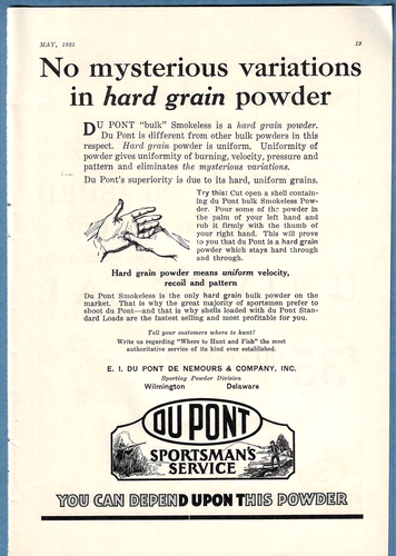 1925 DuPONT SMOKELESS HARD GRAIN GUN POWDER TRADE AD ~ UNIFORM VELOCITY ...