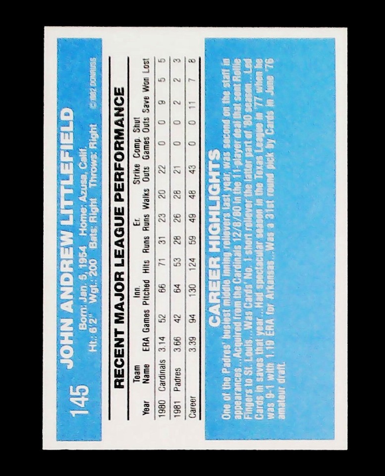 John Littlefield 1982 Donruss #145 Padres | eBay