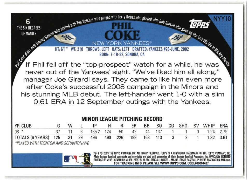 2009 Topps Baseball Phil Coke Rookie World Series New York Yankees # ...