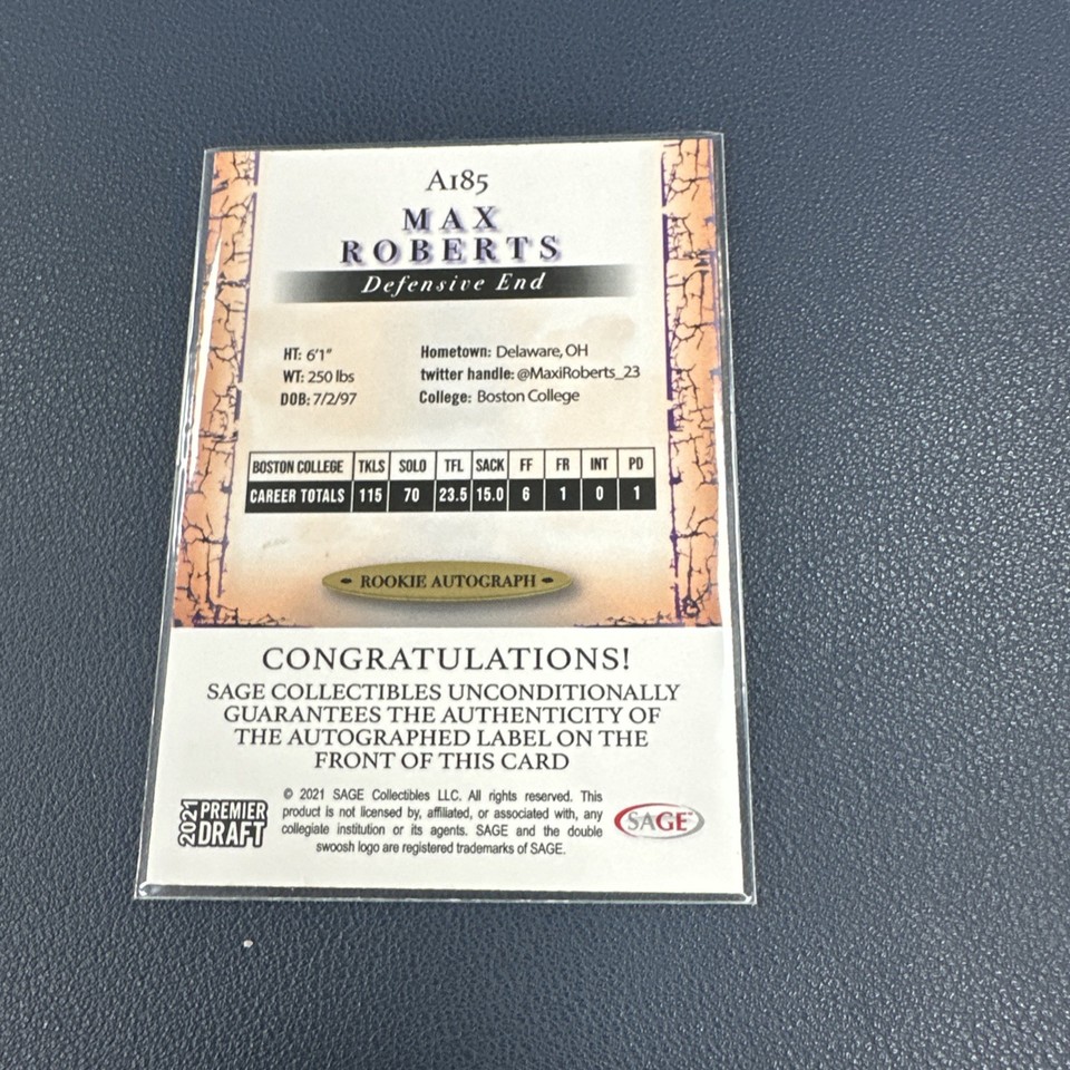 Max Roberts 2021 Premier Draft Rookie Auto Card #A185 (AB1) | eBay