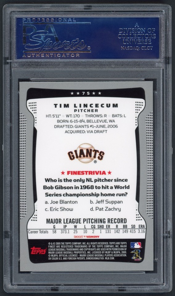 2009 Finest Tim Lincecum San Francisco Giants #75 PSA 10 GEM MINT | eBay