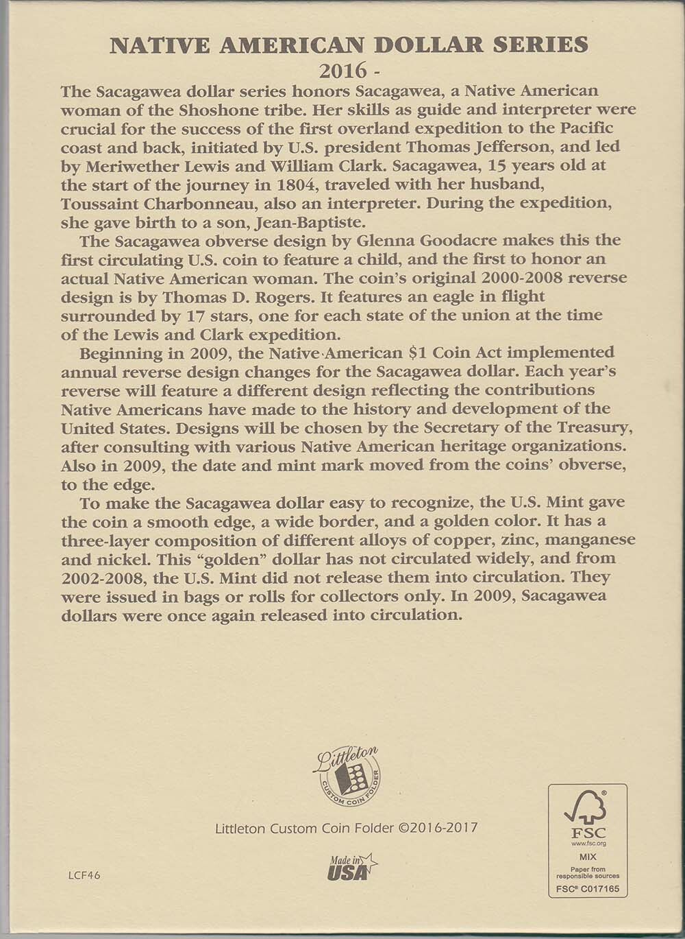 Native American Dollars 2016-Date LCF46 Archival Quality Gift Folder ...