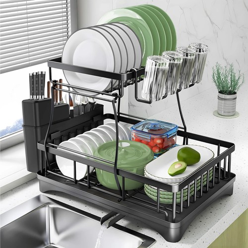 2-Tier Large Dish Drying Rack for Kitchen Counter Drainer Organizers ...