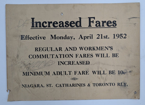 Niagara St. Catharines & Toronto Railway Increased Fares Paper Sign | eBay