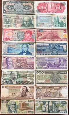 LOT of 8 MEXICO PESO BANKNOTES SERIES 1,10,20,50,100,500,1000,2000 ...