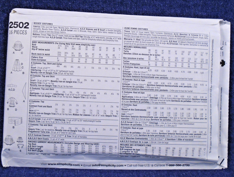 Simplicity Costume Pattern 2502 Sexy Pirate Witch Gypsy Wench Fairy 16-24 Uncut 39363625025| eBay