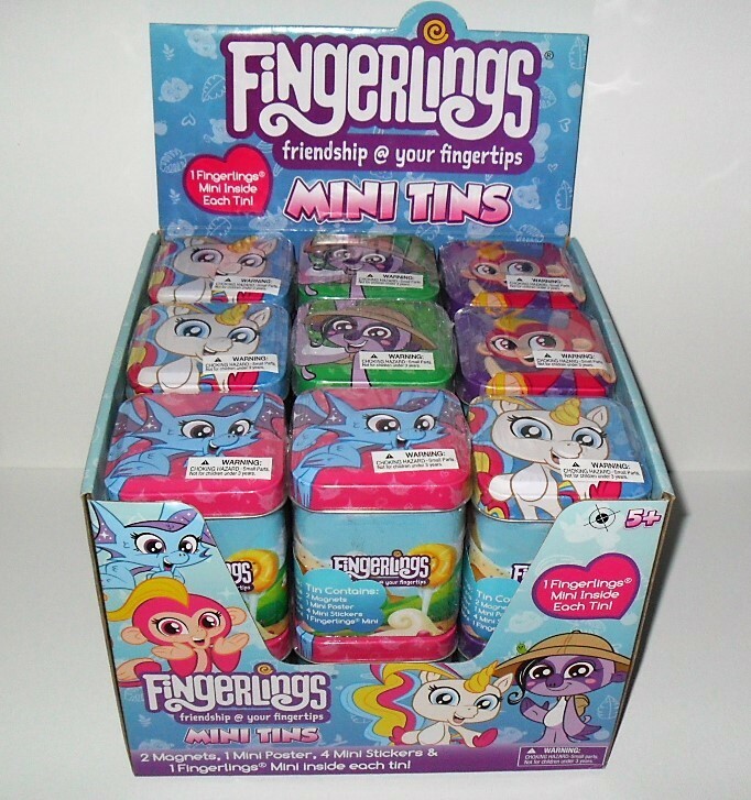 FINGERLINGS TINS & MINI FIGURE BOX OF (18) TINS MAGNETS,STICKERS,POSTER ...
