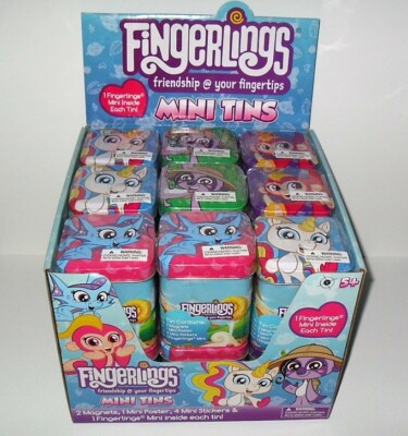 FINGERLINGS TINS & MINI FIGURE BOX OF (18) TINS MAGNETS,STICKERS,POSTER ...