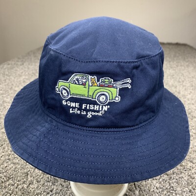 Life Is Good Bucket Hat Cap Men OS Blue Gone Fishing Truck Dog ...