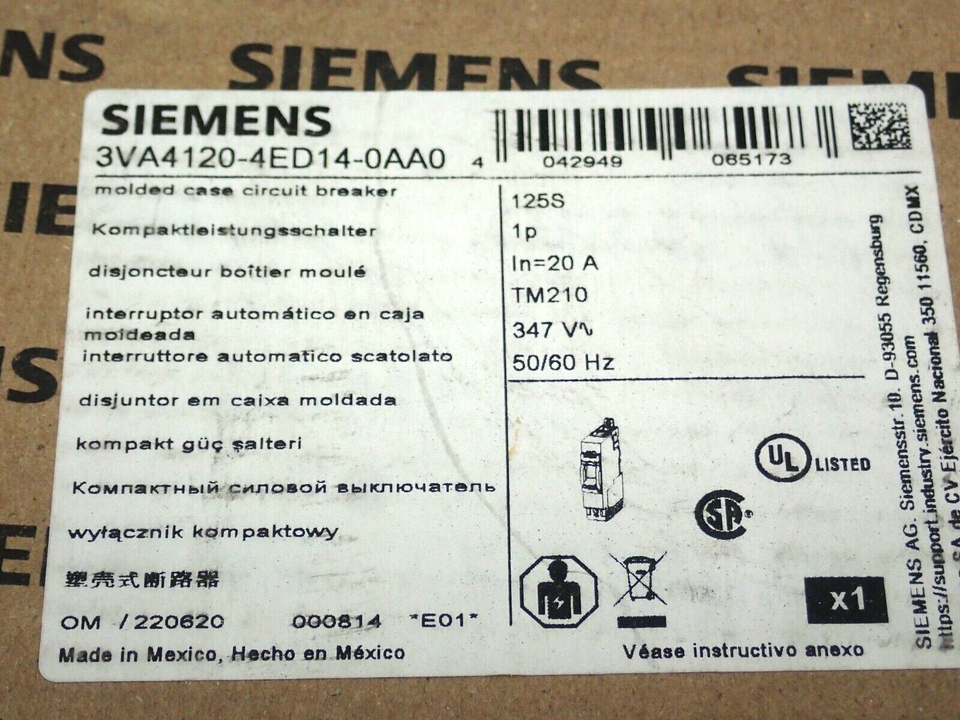 New Siemens 3VA4120-4ED14-0AA0 Single Pole 20A 347 Volt Bolt On Circuit ...