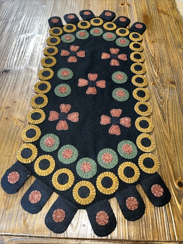 Primitive Handmade Penny Rug 14” By 31”, Mustard, Red, Green, Rust And ...