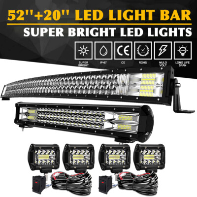 52" Curved Roof LED Light Bar Combo+20" +4" Cube Pods Offroad SUV For ...