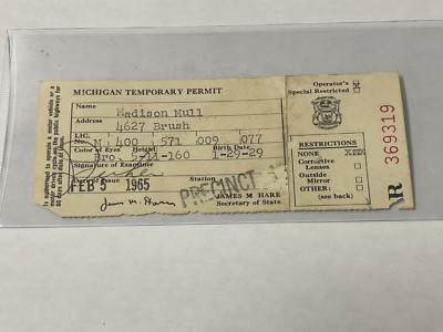 Vintage 1965 Michigan Driver's License Temporary Permit Department of ...