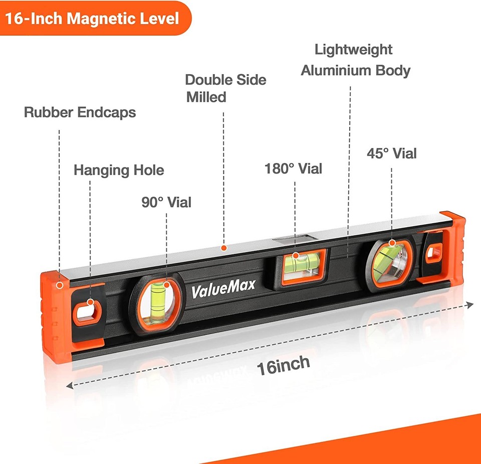 ValueMax 16-Inch Level Magnetic Level Tool w/3 High-visibility Vials ...