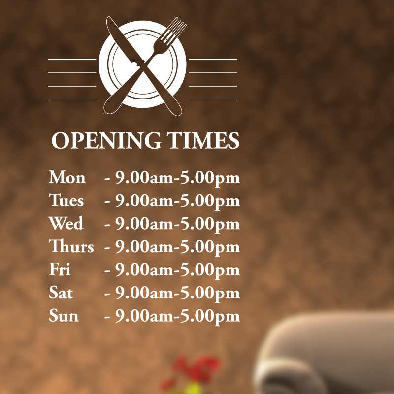 Custom opening times window sticker catering art cafe restaurant decals ...
