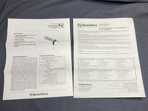 Electro Voice RE27 Microphone Instruction Sheet With Warranty Card | eBay