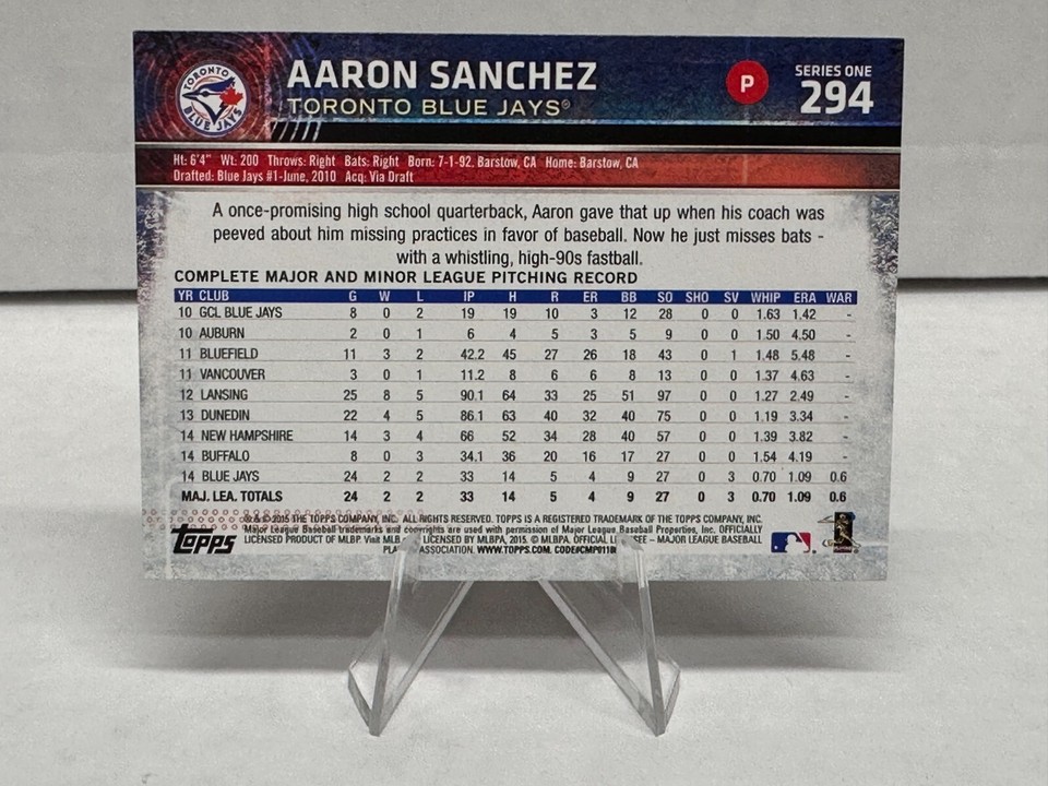 2015 Topps Series 1 Baseball Card #294 Aaron Sanchez FS Toronto Blue ...