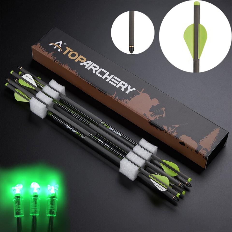 20" 100% Pure Carbon Crossbow Bolts .006 Lighted Nocks Archery Hunting ...