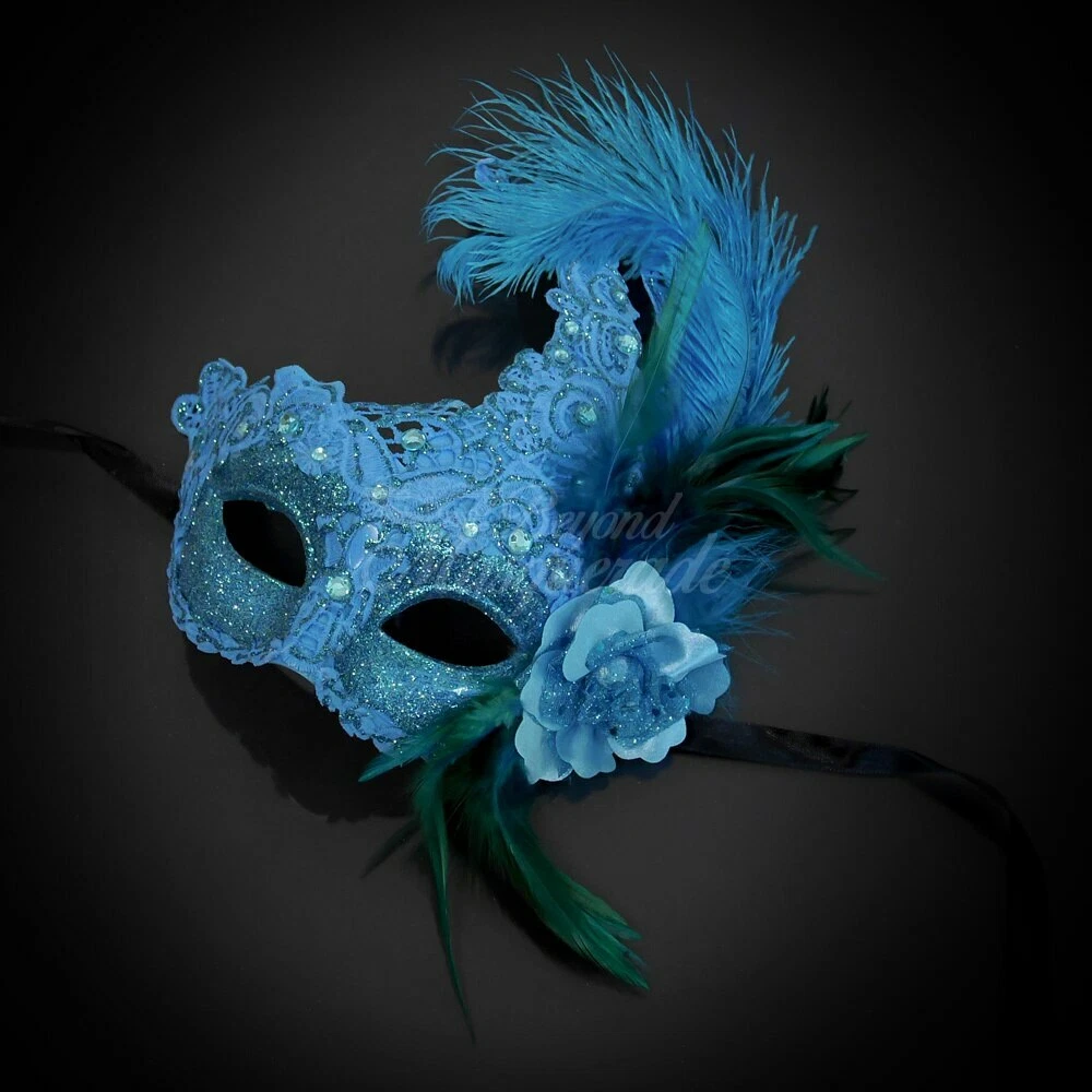 Light Blue Masquerade Masks With Feathers