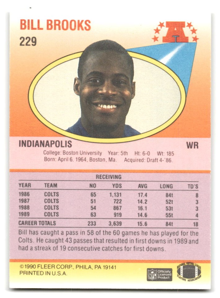 Bill Brooks 1990 Fleer FOOTBALL #229 Indianapolis Colts | eBay