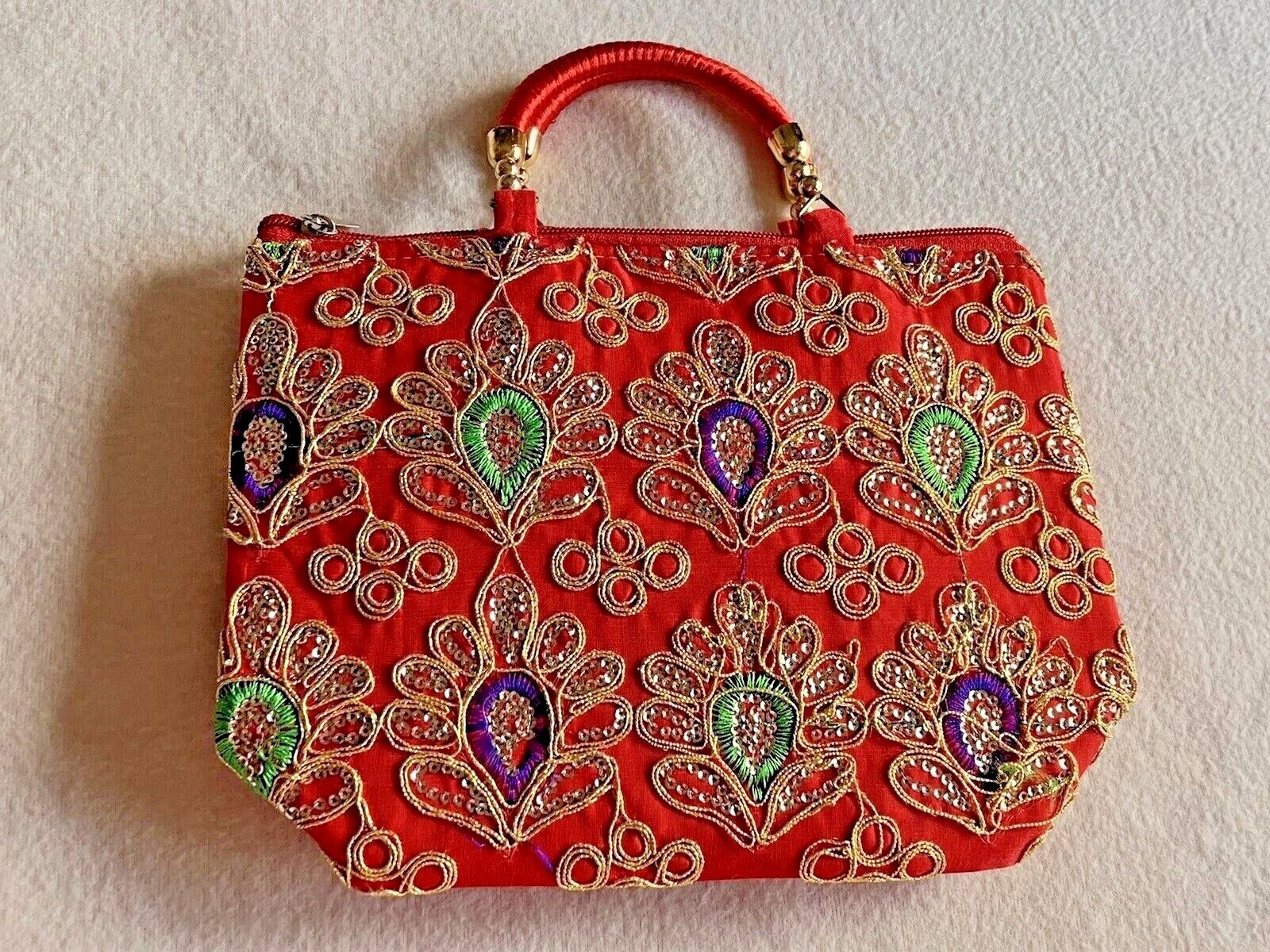 Red Embroidered Asian Purse Bag Double Handles Gold H… - Gem