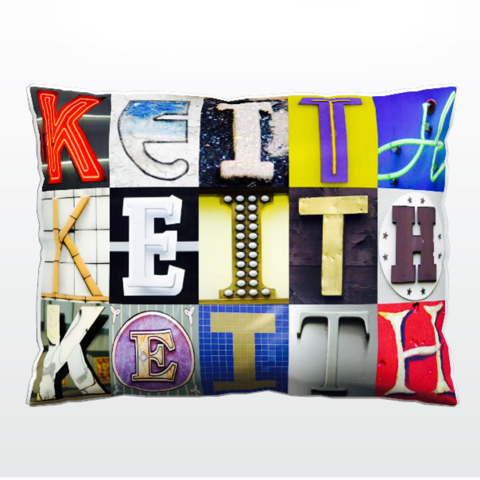Personalized Pillow featuring the name KEITH in photos of sign letters ...