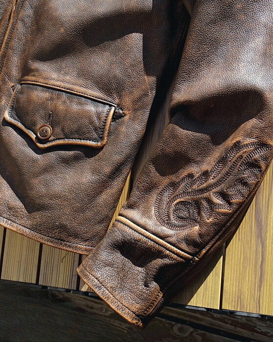 Mens Vintage Style Tea-core Cowhide Leather Jacket Embroidery Washed ...