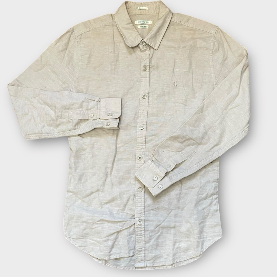 Stile Benetton Women's Linen Slim Fit Blouse Small Button Up Beige Logo ...