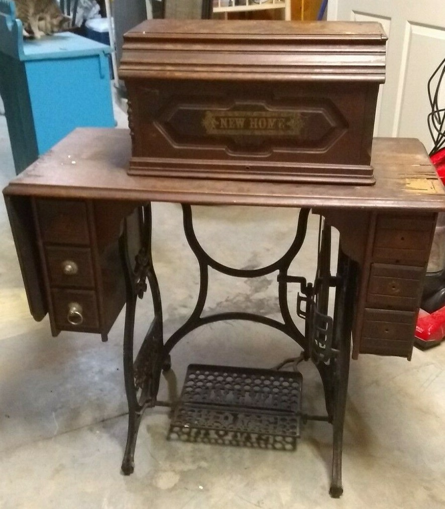 Antique New Home Treadle Sewing Machine Table Cabinet Cast Iron and ...