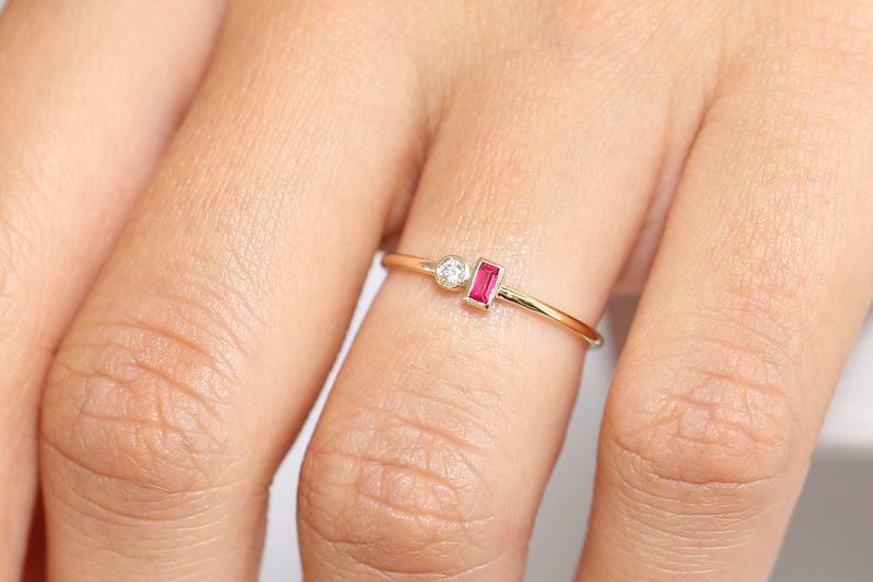 0.4ct Lab-Created Pink Ruby Two Stone Minimalist Ring Yellow Gold ...