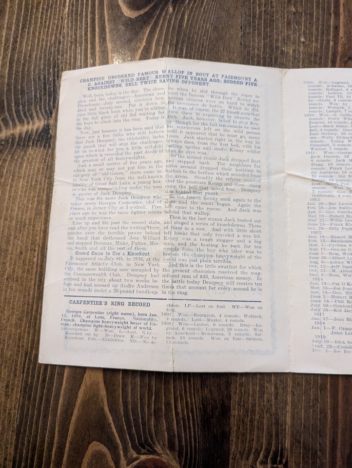 Rare 1921 Jack Dempsey vs Georges Carpentier Boxing Program | eBay