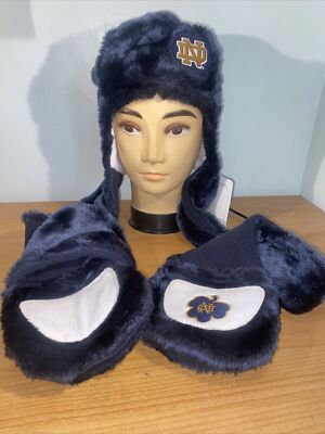 Notre Dame Winter Hat Beanie Mitten Combo Furry Blue Embroidery ...