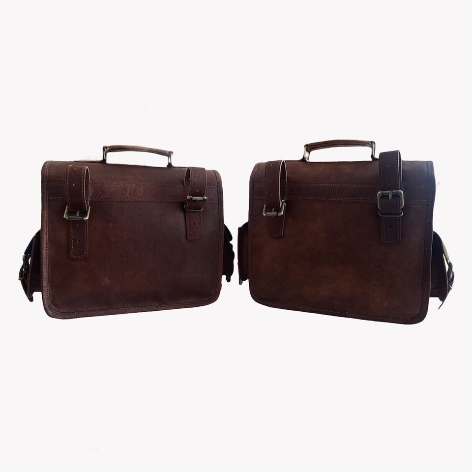 1 Pair Vintage Look Leather Real Motorcycle Saddle Bag Brown Swingarm 2 ...