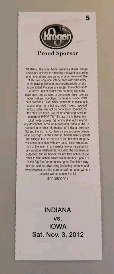 Indiana Hoosiers Iowa Hawkeyes Football Ticket 11/3 2012 Coffman to ...