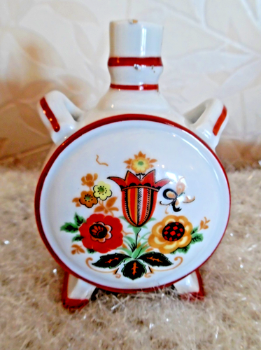 ZSOLNAY HUNGARY PORCELAIN LIQUOR BOTTLE CANTEEN FLASK W PAPER LABEL VTG ...