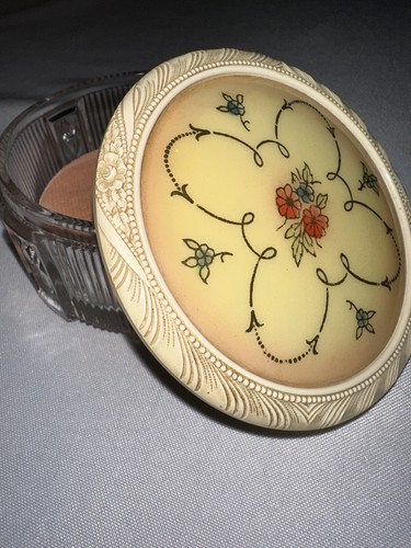 Vtg Celluloid Bakelite Powder Box Ribbed Glass Tulip Floral Vanity Jar ...