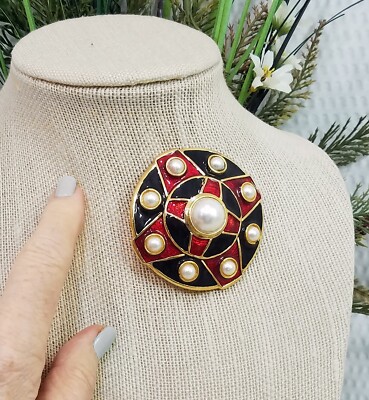 Vintage Signed Craft Couture Black Red Enamel Gold Tone & Pearl Art ...