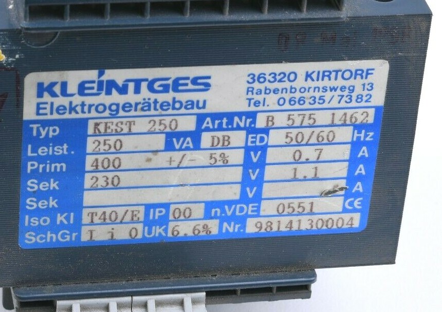 Kleintges Elektrogerätebau KEST 250 Transformator B 575 1462 Trafo 50 ...